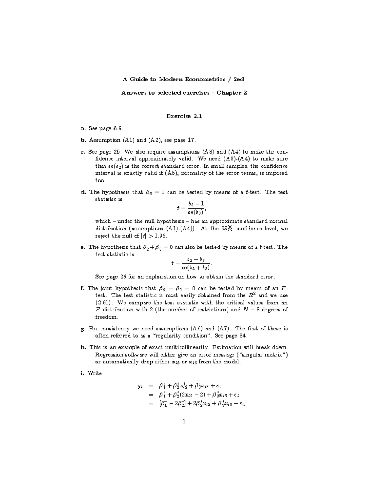 Answers CH 2 - summary - A Guide to Modern Econometrics / 2ed Answers to selected exercises ...