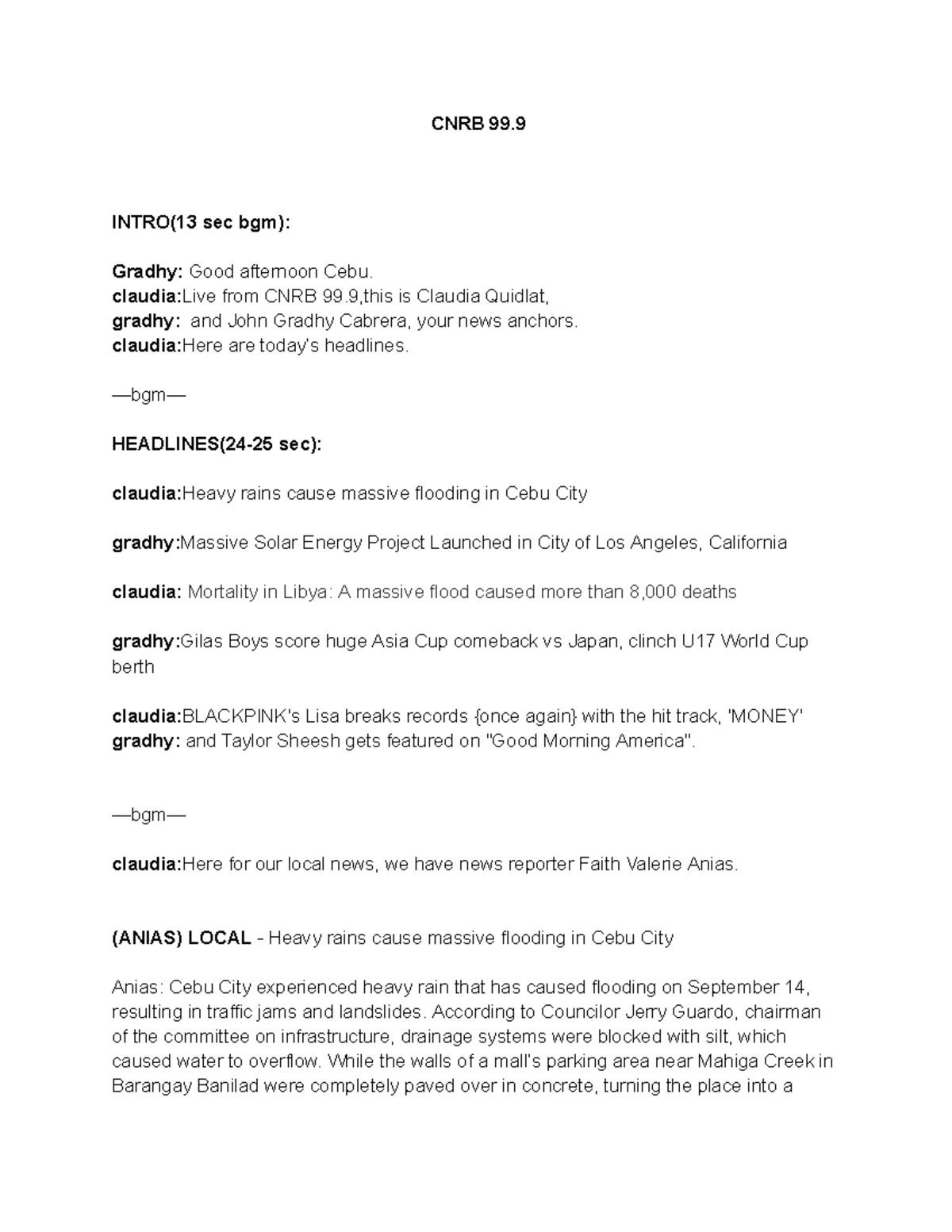 Radio-Broadcasting-script - CNRB 99. INTRO(13 sec bgm): Gradhy: Good ...
