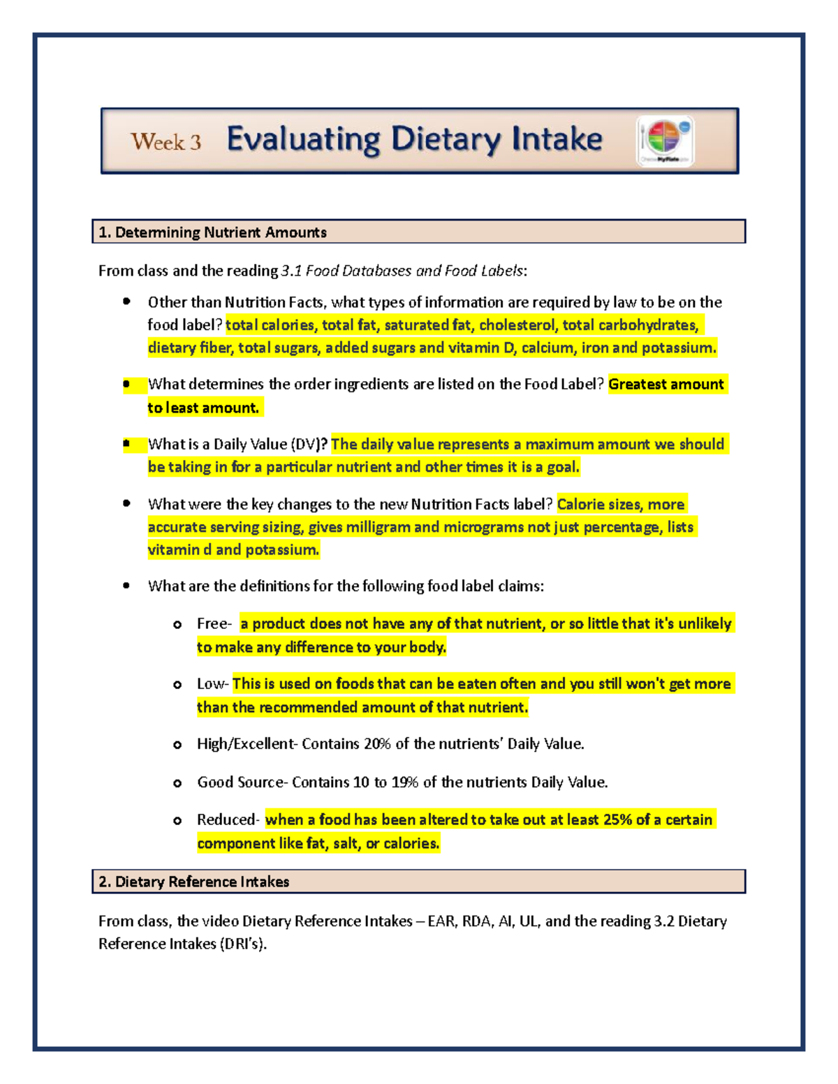 Week 03 Study Guide F210 avery neeser - 1. Determining Nutrient Amounts ...