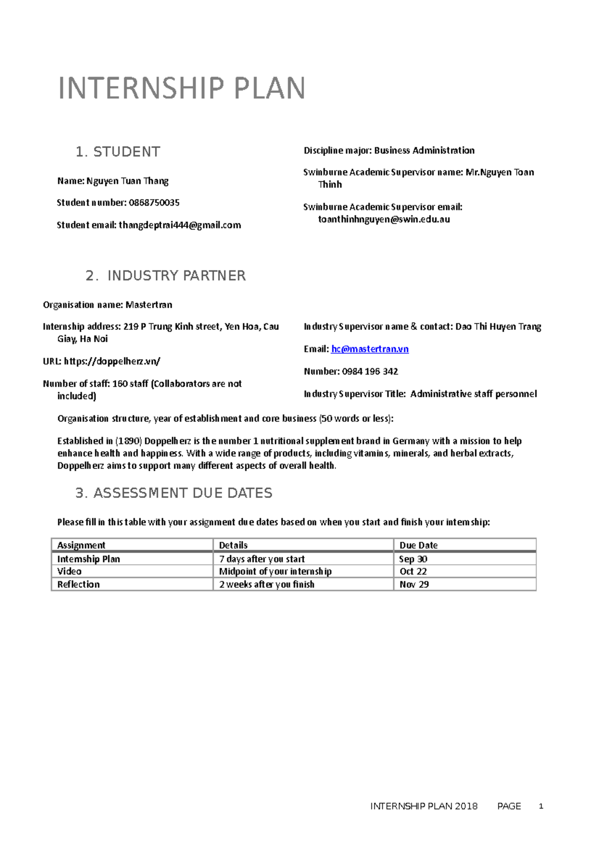 Internship Development Plan - INTERNSHIP PLAN 1. STUDENT Name: Nguyen ...