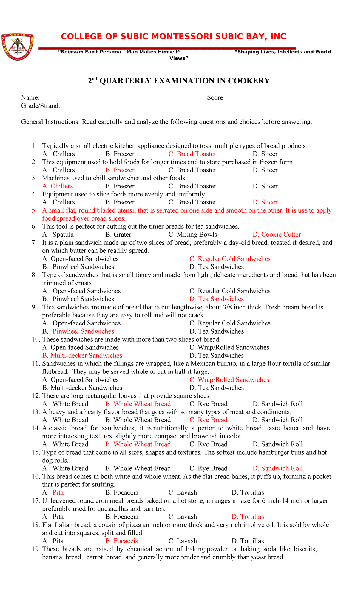 2ND Quarterly Examination IN Cookery - COLLEGE OF SUBIC MONTESSORI ...