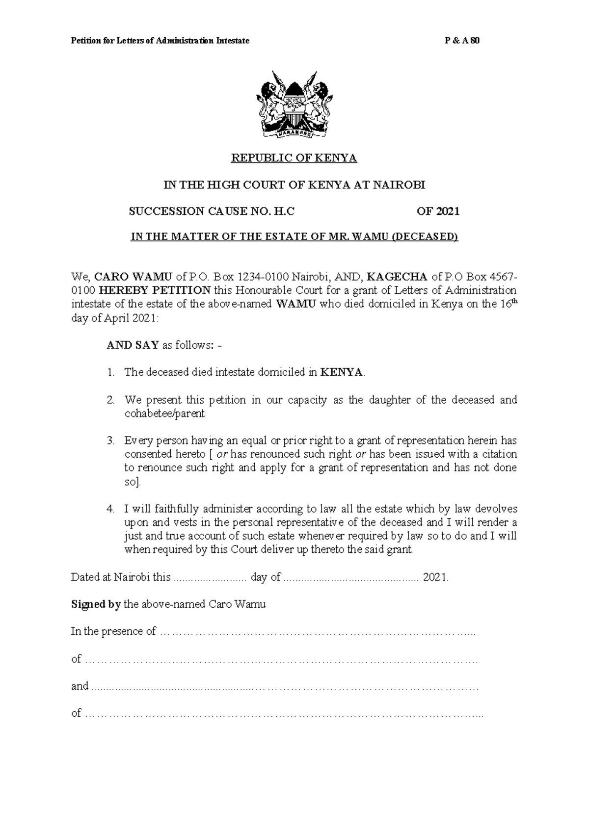 Letter of adminstartion to wamus estate - Petition for Letters of ...