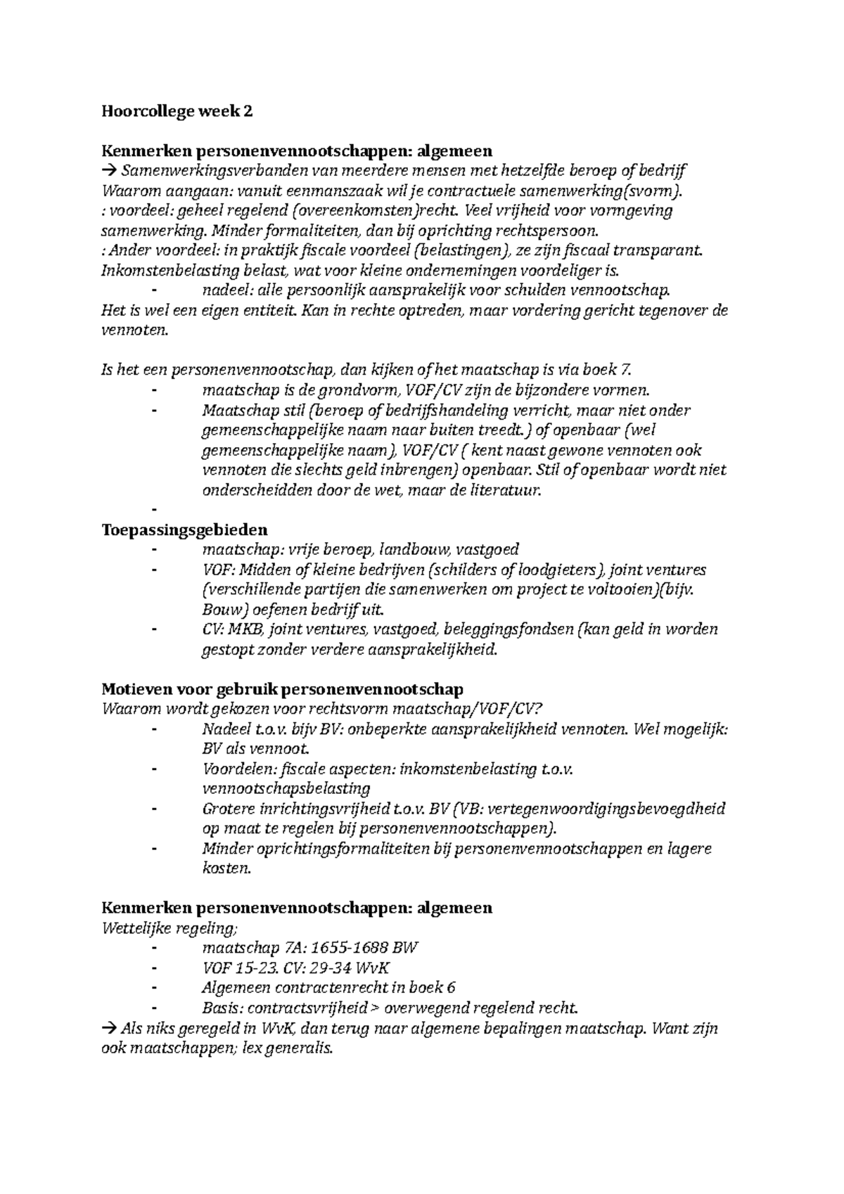 Vennootschappen En Rechtspersonen Hoorcollege Week 2 Hoorcollege Week