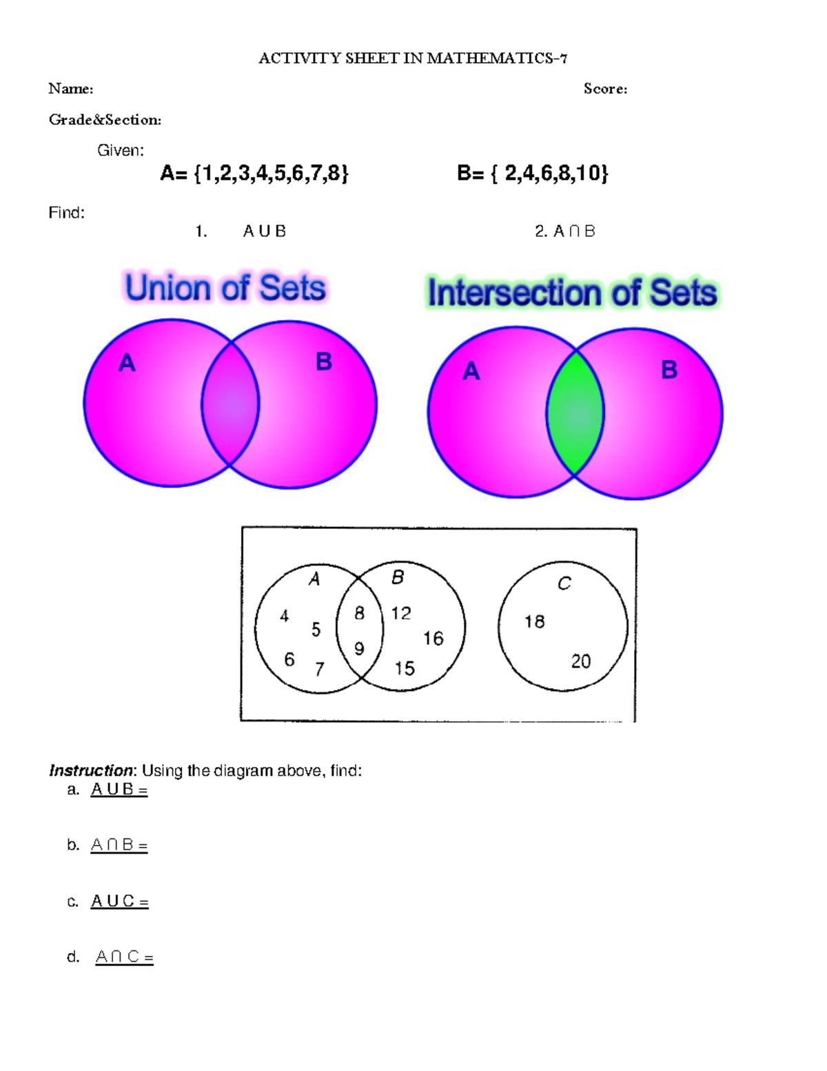 Activity Sheet IN Mathematics - Bachelor of Elementary Education ...