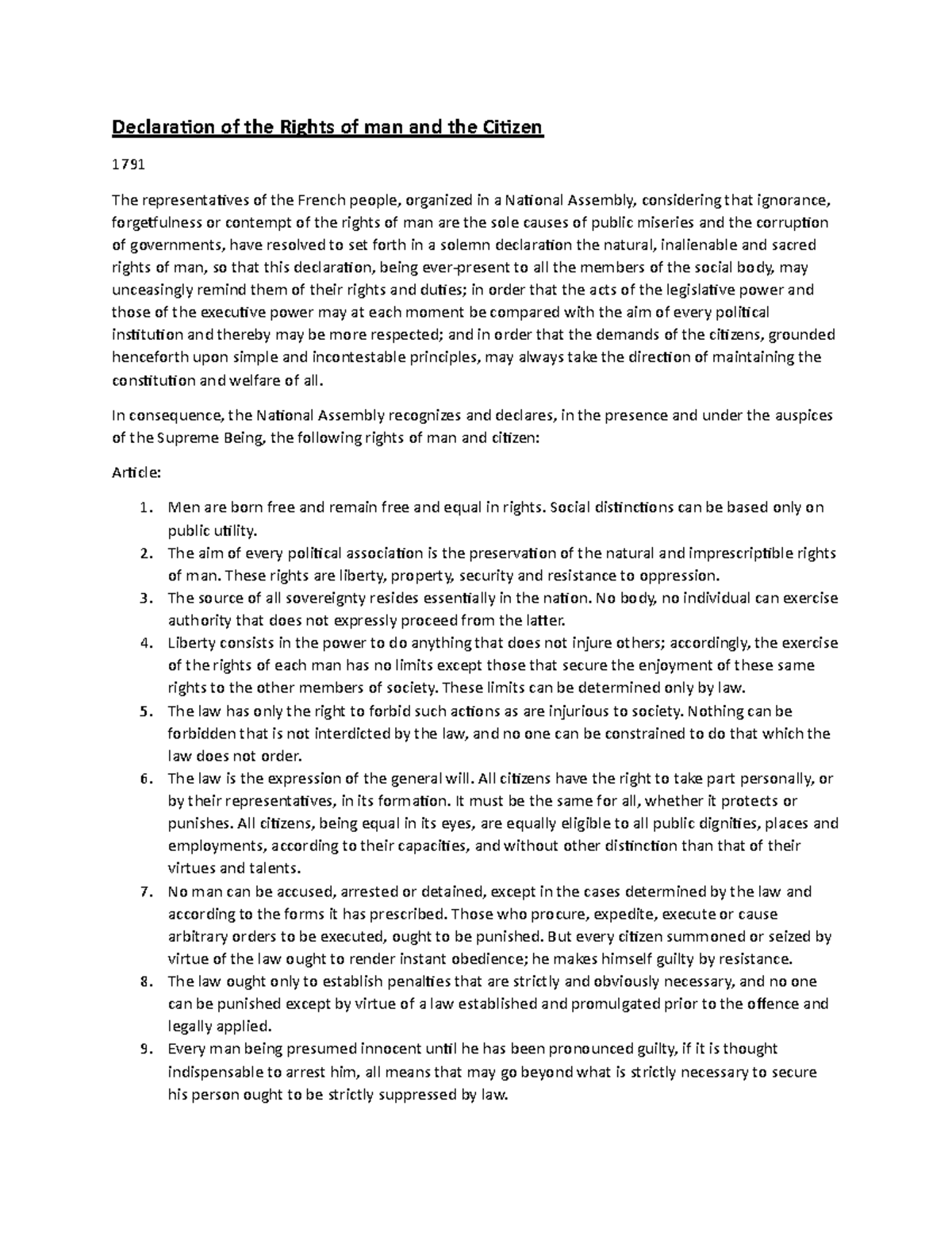 Declaration of the Rights of man and the Citizen - In consequence, the ...