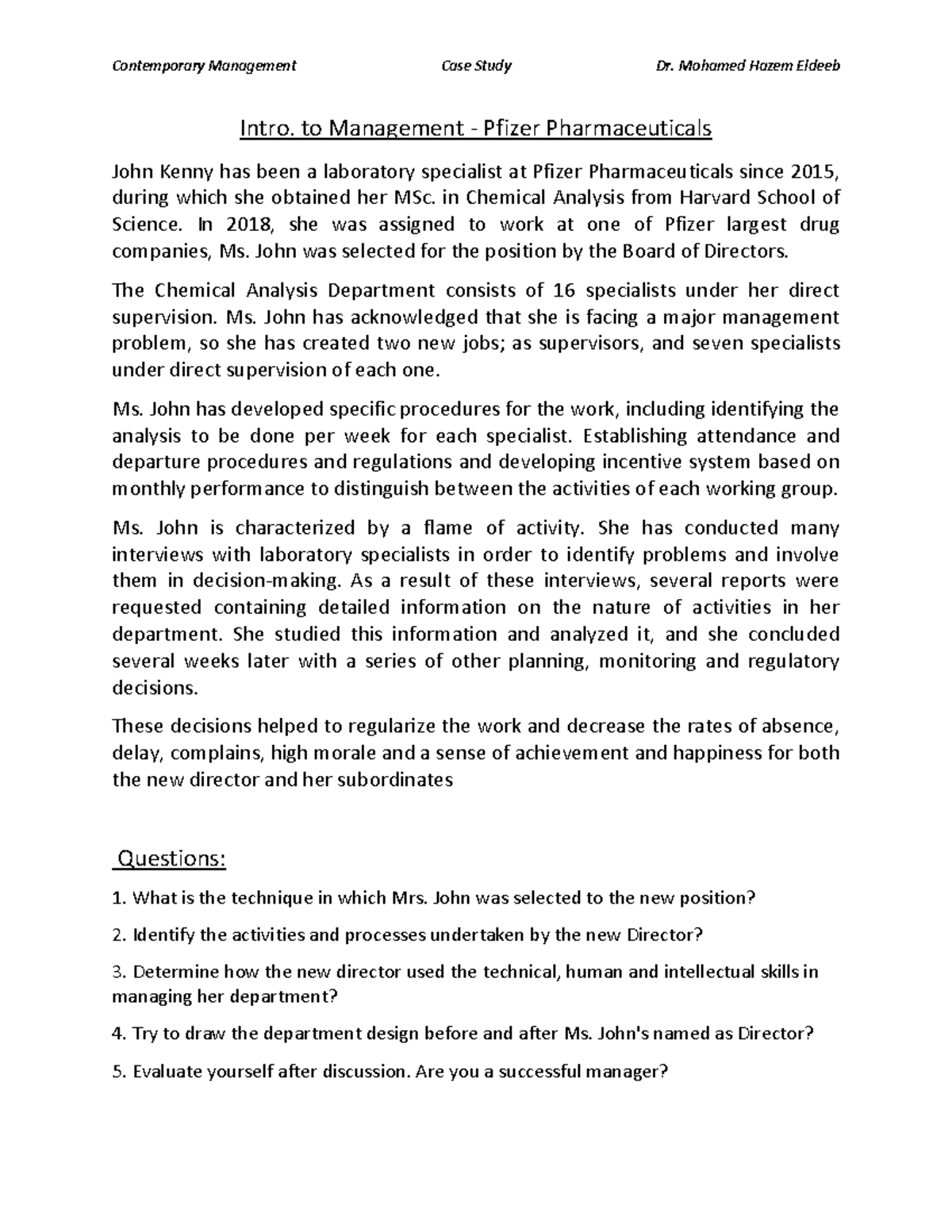 Case Study - Intro. to Management - Pfizer Pharmaceuticals John Kenny ...