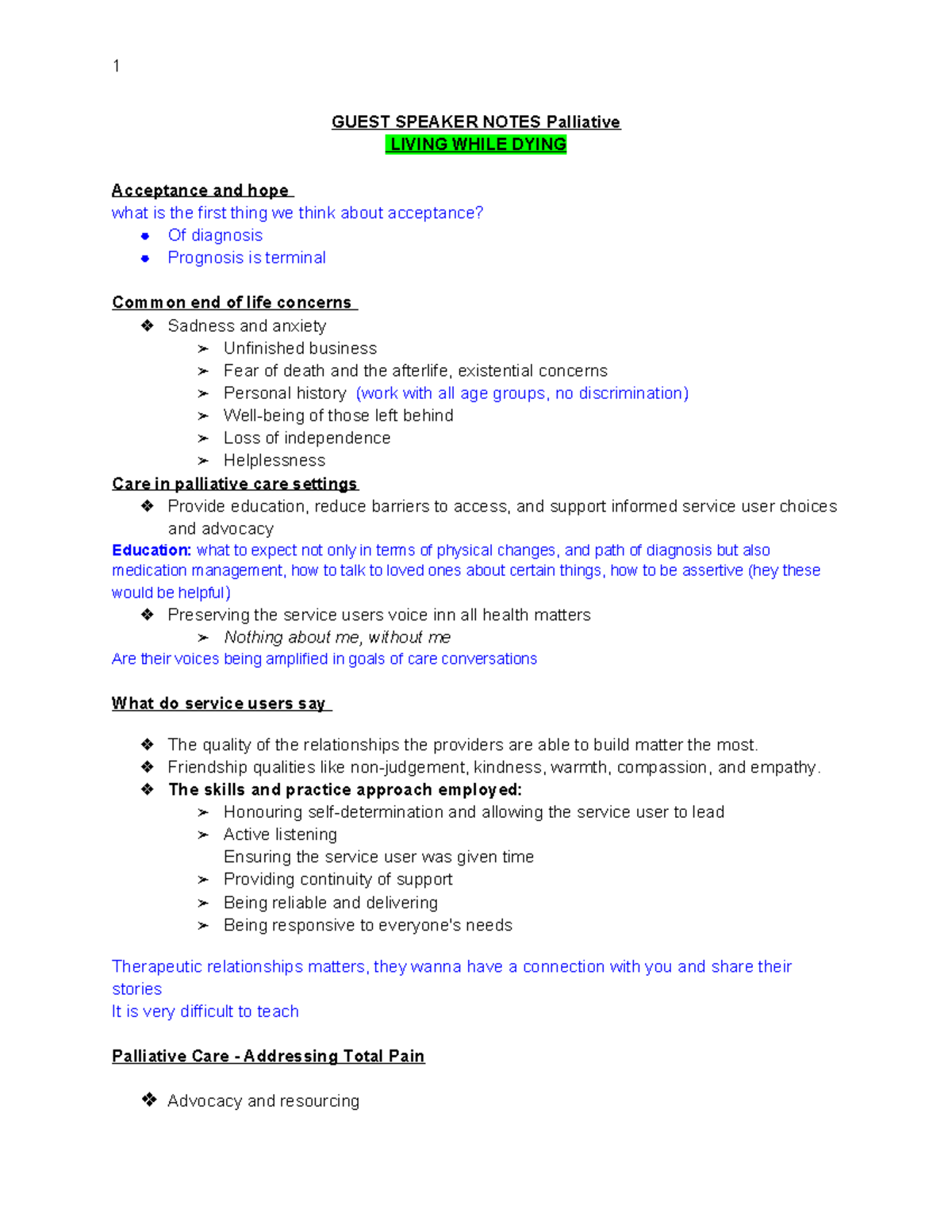 Week 3 Guest Speaker Notes - GUEST SPEAKER NOTES Palliative LIVING ...