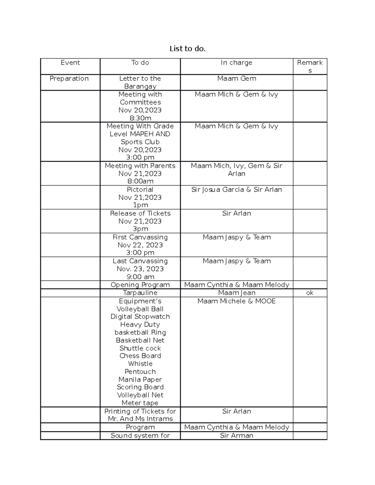 List to do Sports Fest - List to do. Event To do In charge Remark s ...