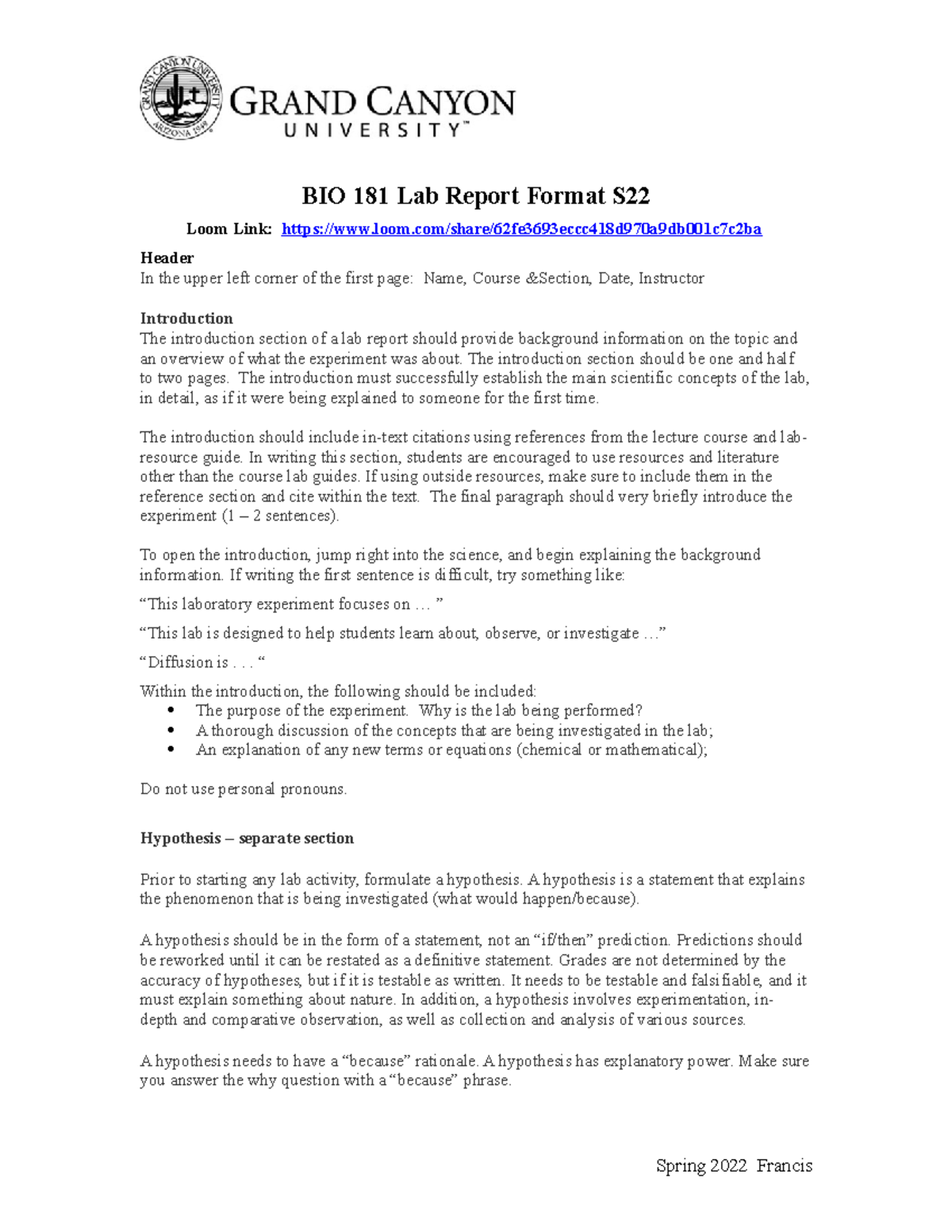Lab Report Format S22 - BIO-182 - GCU - Studocu