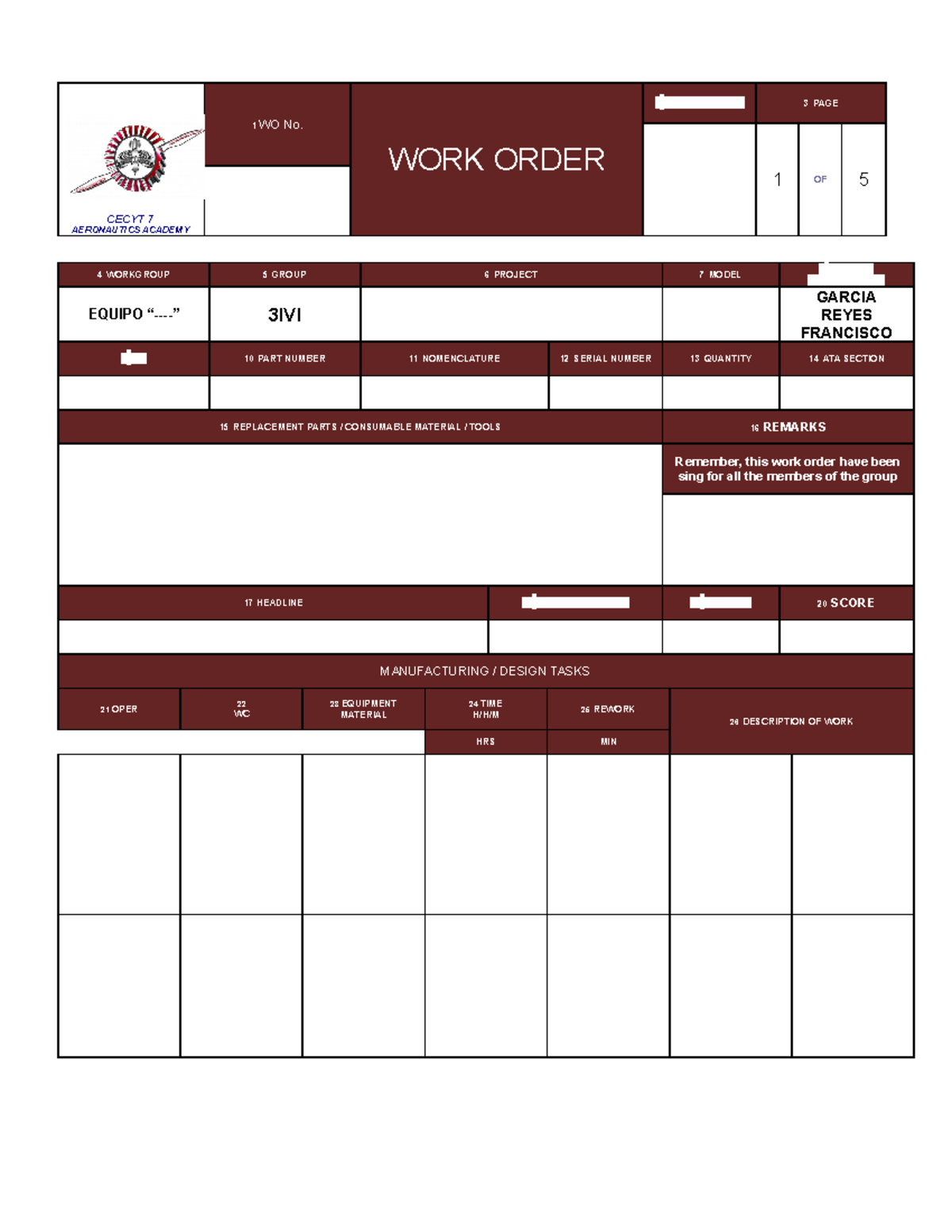 Ejemplo Workorder - CECYT 7 AERONAUTICS ACADEMY 1 WO No. WORK ORDER 1 ...