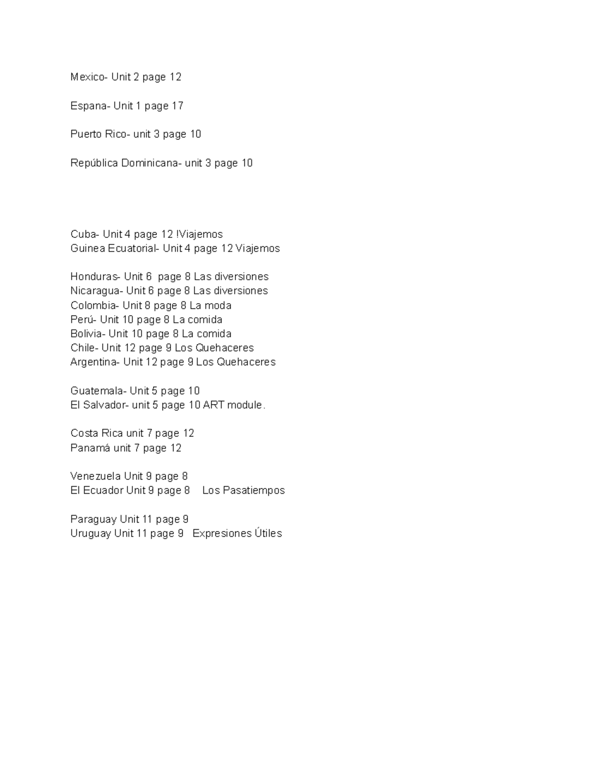 El Rincón Cultural - Mexico- Unit 2 page 12 Espana- Unit 1 page 17 ...