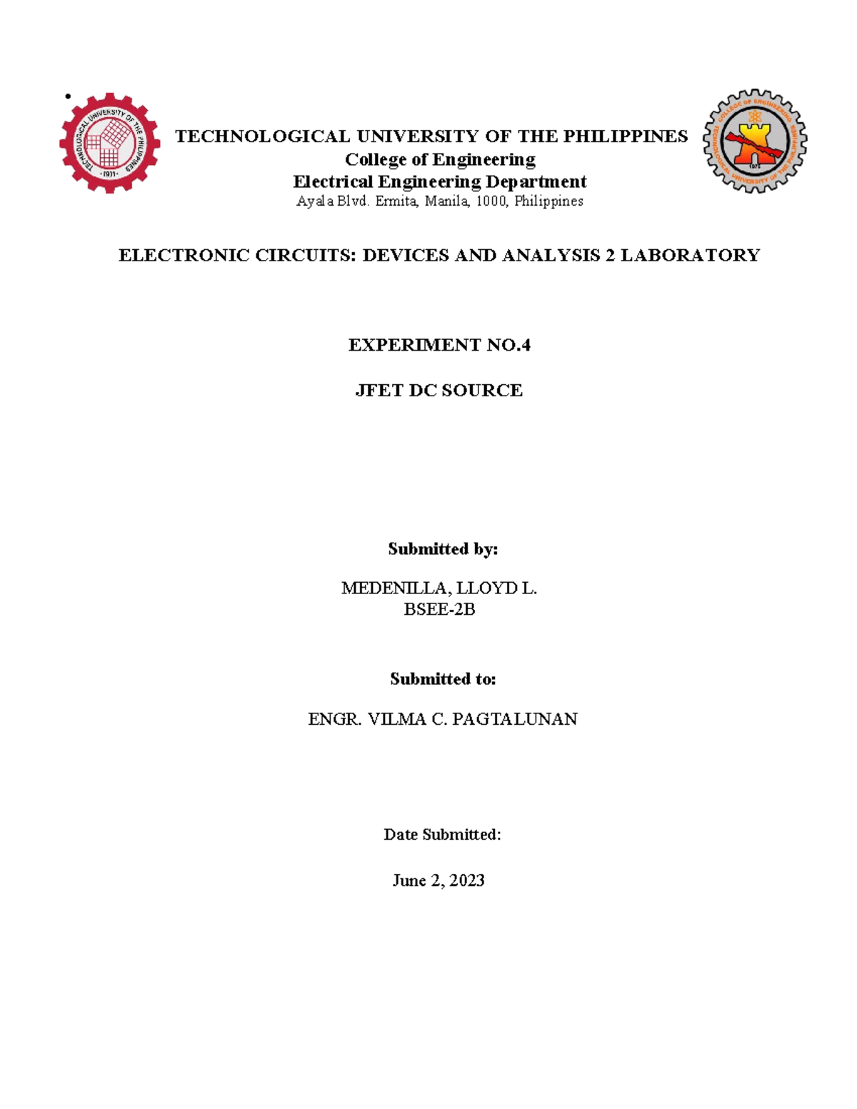 Medenilla- Experiment 4-2 - TECHNOLOGICAL UNIVERSITY OF THE PHILIPPINES ...
