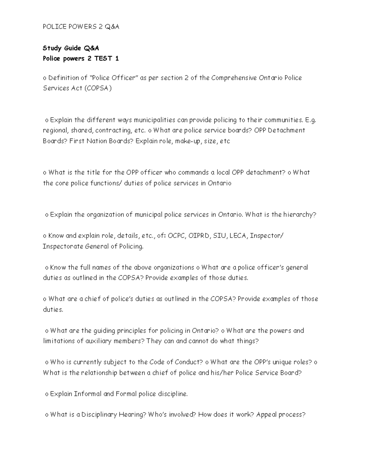 Study Guide Q&A - POLICE POWERS 2 Q&A Study Guide Q&A Police powers 2 ...