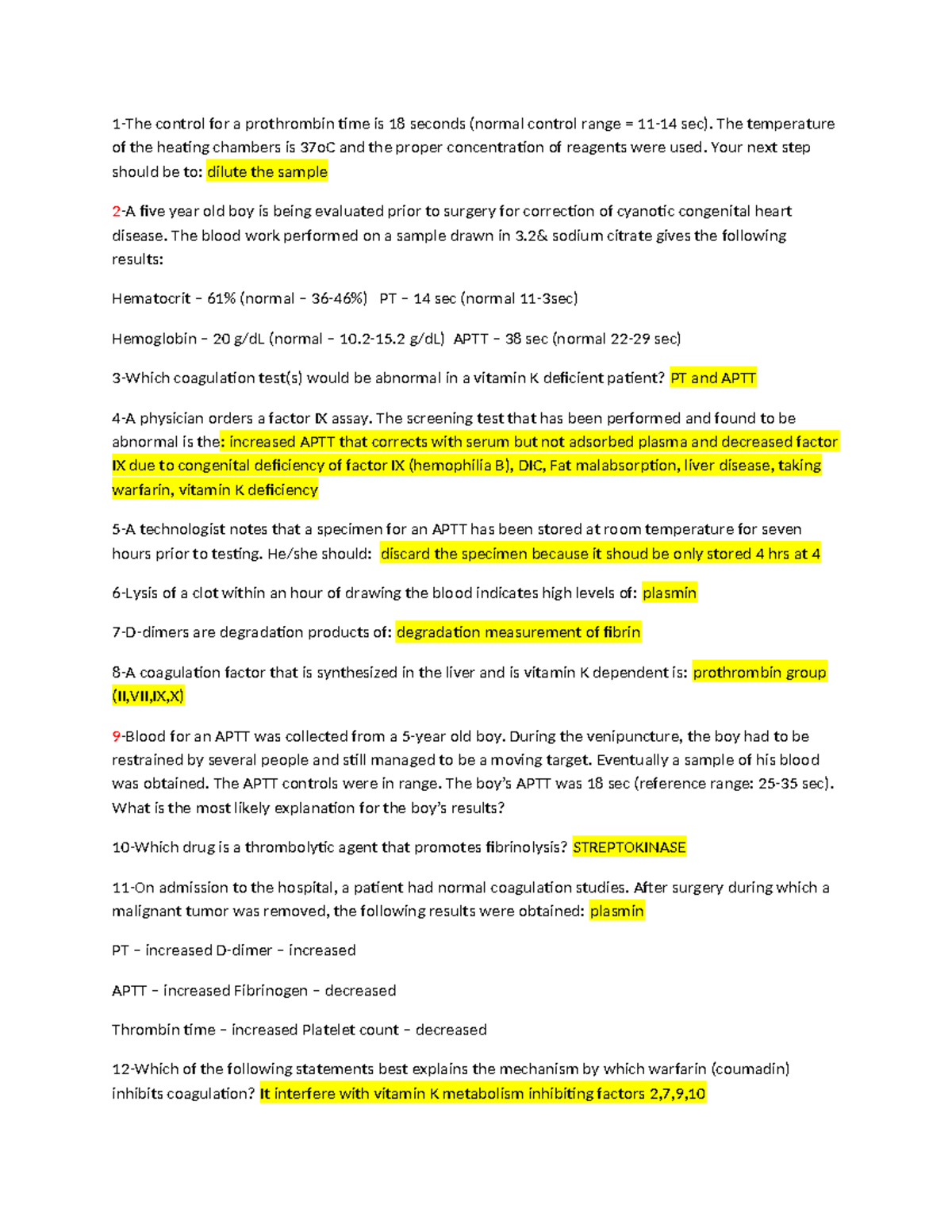 Coagulation capstone quiz - 1-The control for a prothrombin time is 18 ...