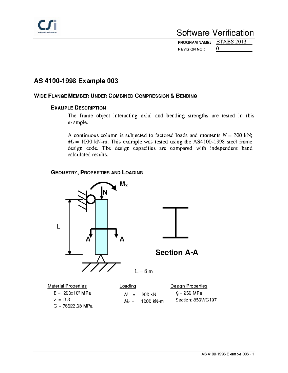AS 4100-1998 Example 003 - PROGRAM NAME: ETABS 2013 REVISION NO.: 0 AS ...