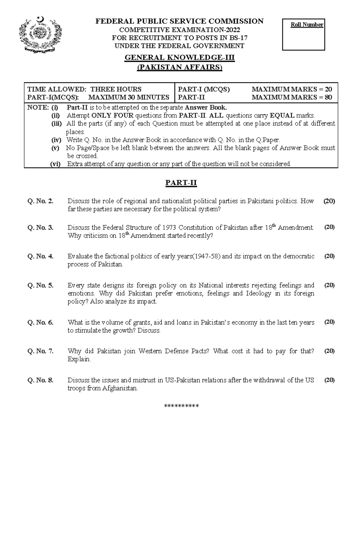 Css pakistan affairs 2022 - TIME ALLOWED: THREE HOURS PART-I(MCQS ...