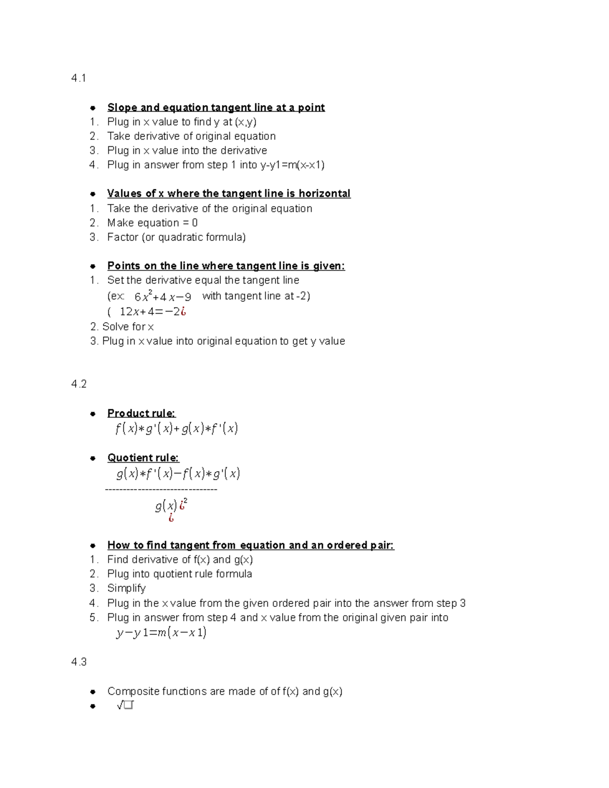 Calculus exam 2 rules & theorems - Slope and equation tangent line at a ...