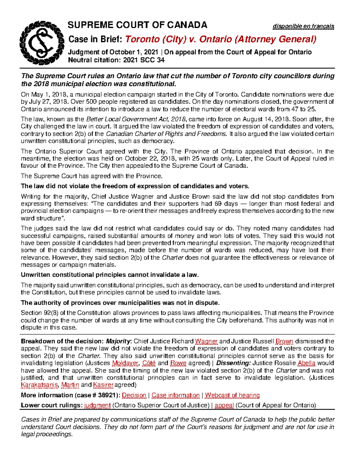 3. Toronto v. Ontario (2021) Case in Brief - Cases in Brief are ...