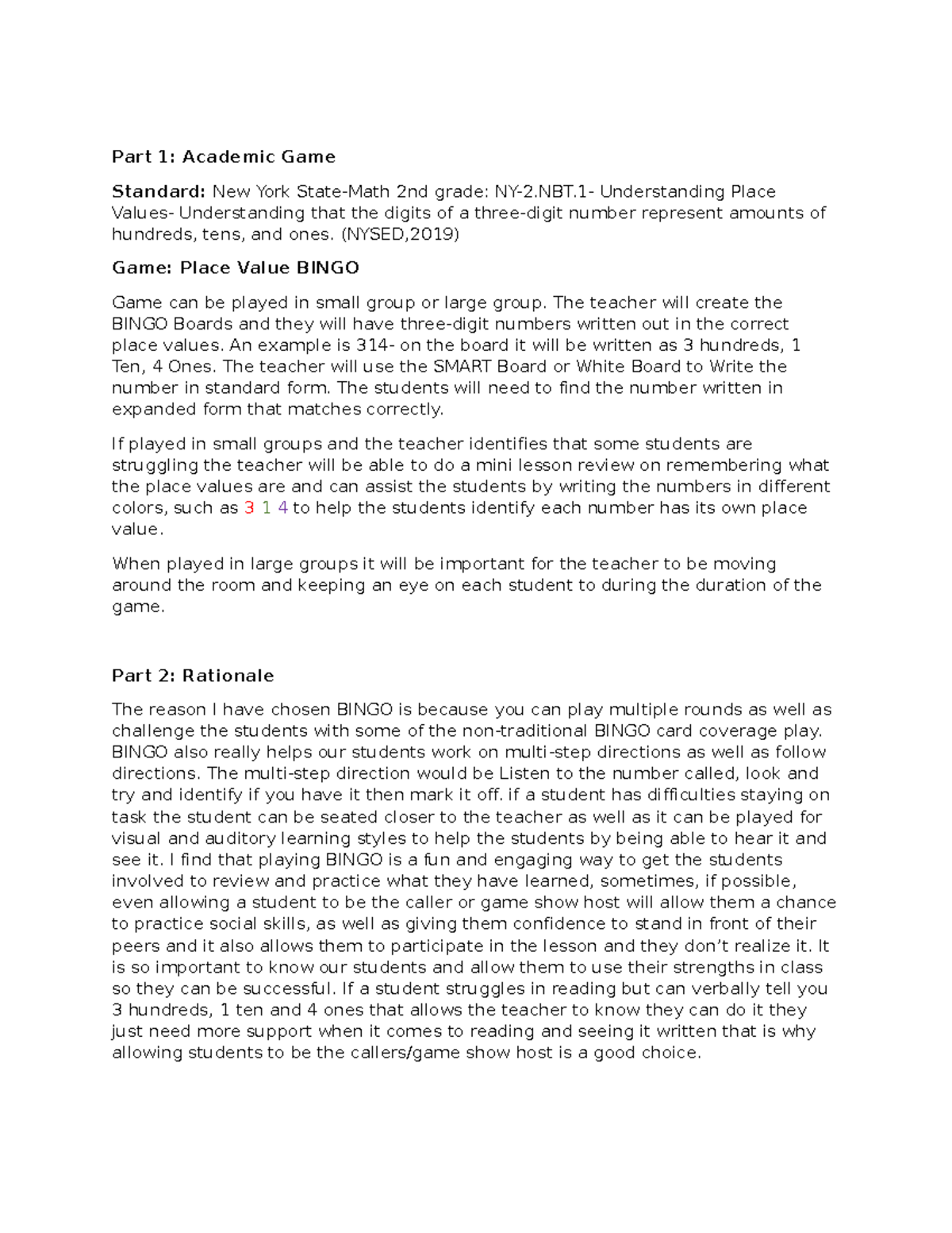 SPD 470 Topic 1 Lesson - Part 1: Academic Game Standard: New York State ...