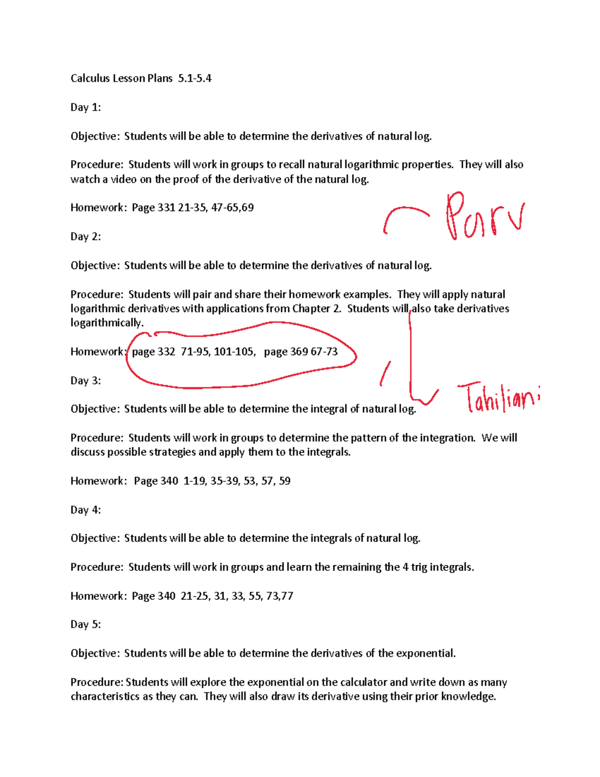 Calculus LP 5 - nicw - Calculus Lesson Plans 5-5. Day 1: Objective ...