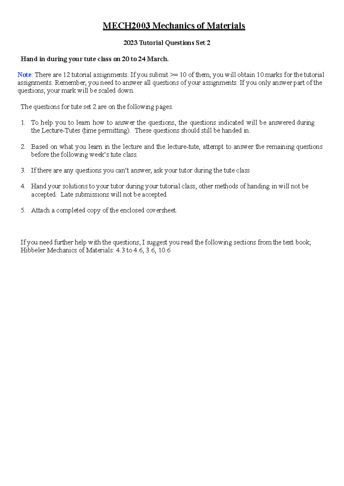 Tute questions Set 2 2023 - MECH2003 Mechanics of Materials 2023 ...