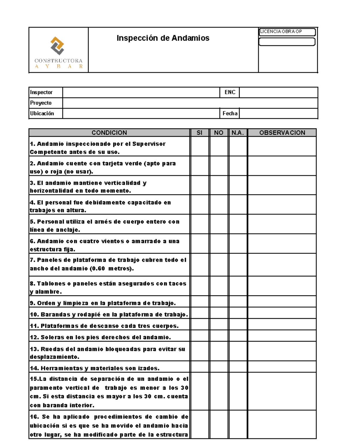 Check list de andamios - Inspección de Andamios LICENCIA OBRA OP ...
