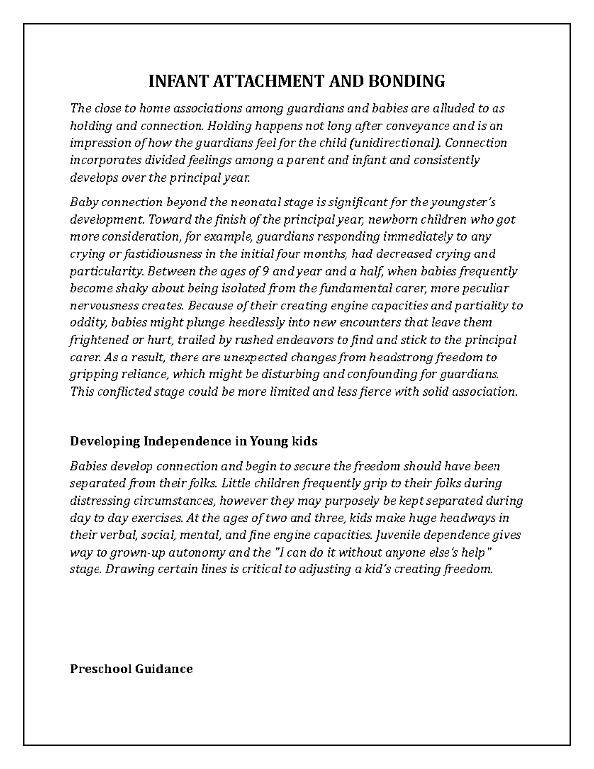 Infant Attachment AND Bonding - INFANT ATTACHMENT AND BONDING The close ...