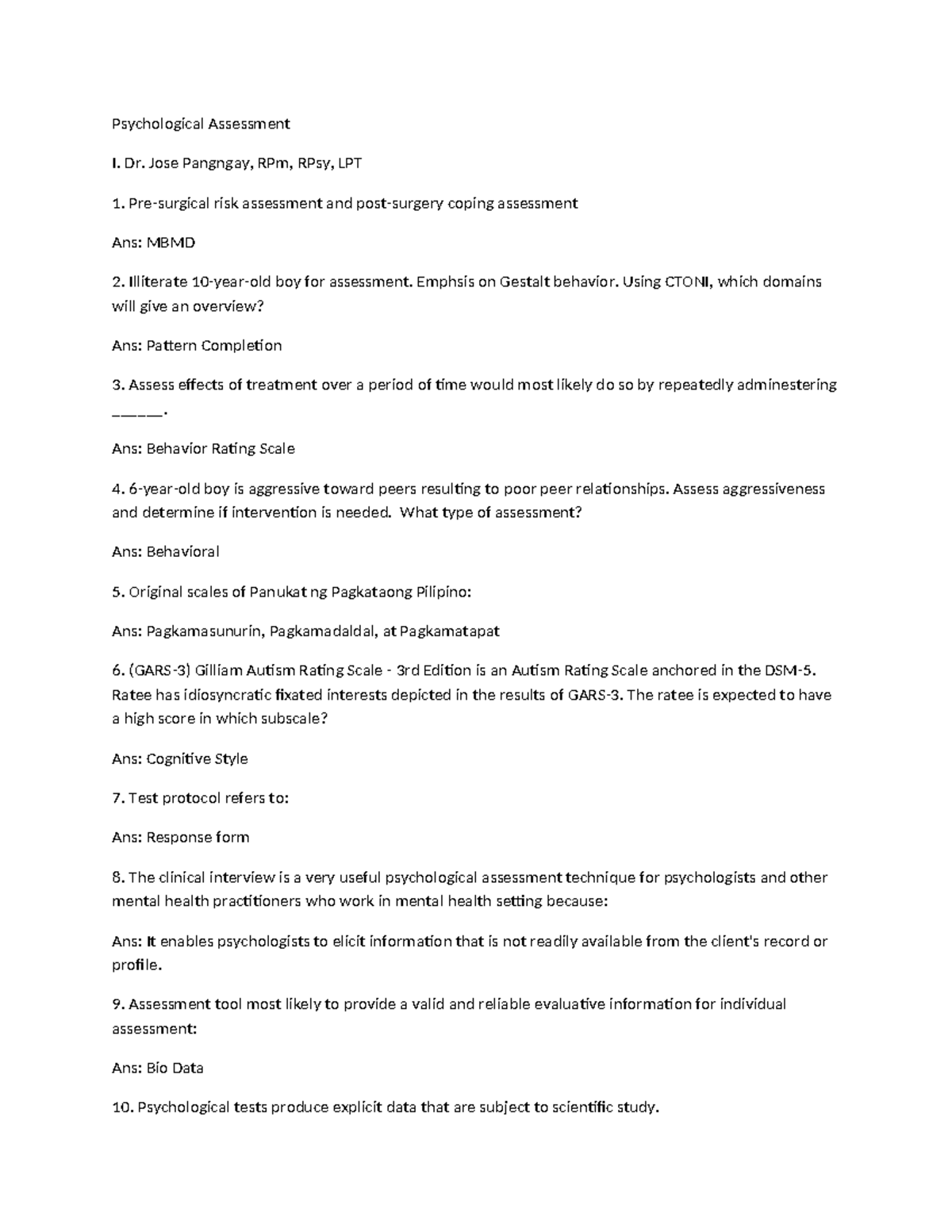 Psych Assessment 50 Test Items and Answers - Psychological Assessment I ...