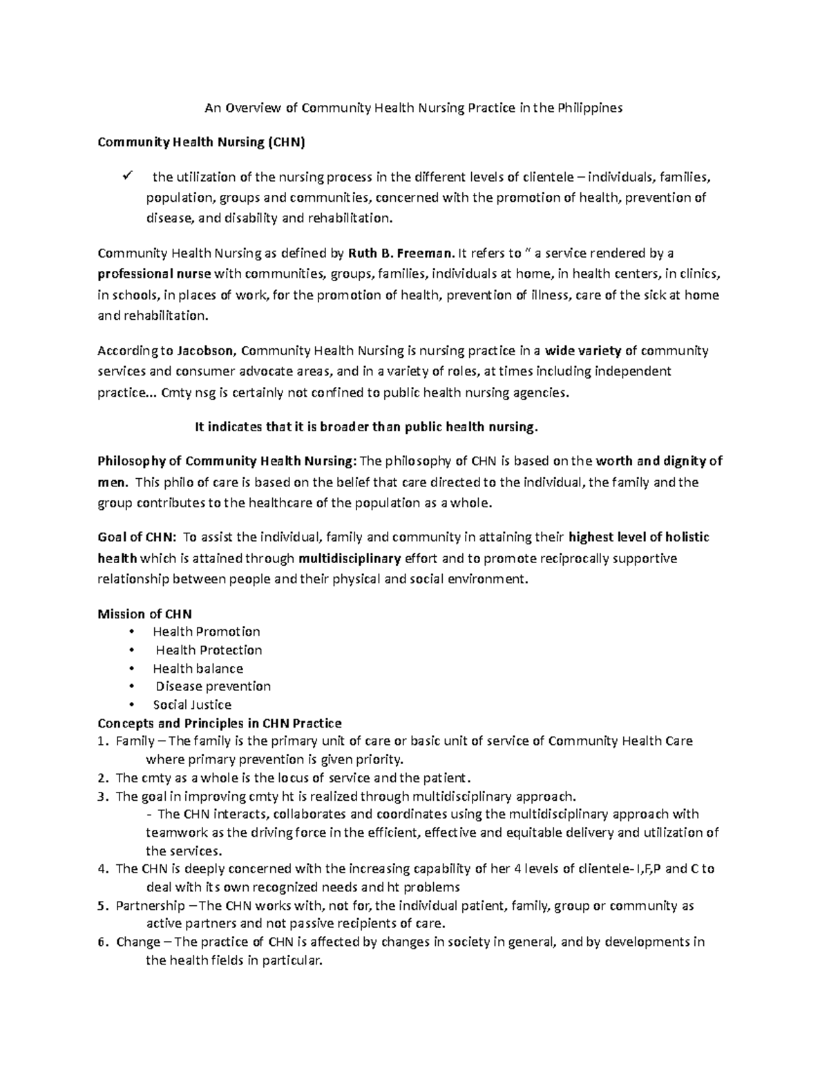 HANDOUTS FOR COMMUNITY LEC - An Overview of Community Health Nursing ...