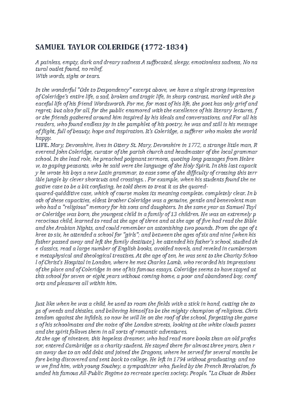 English Literature 37 - SAMUEL TAYLOR COLERIDGE (1772-1834) A painless ...