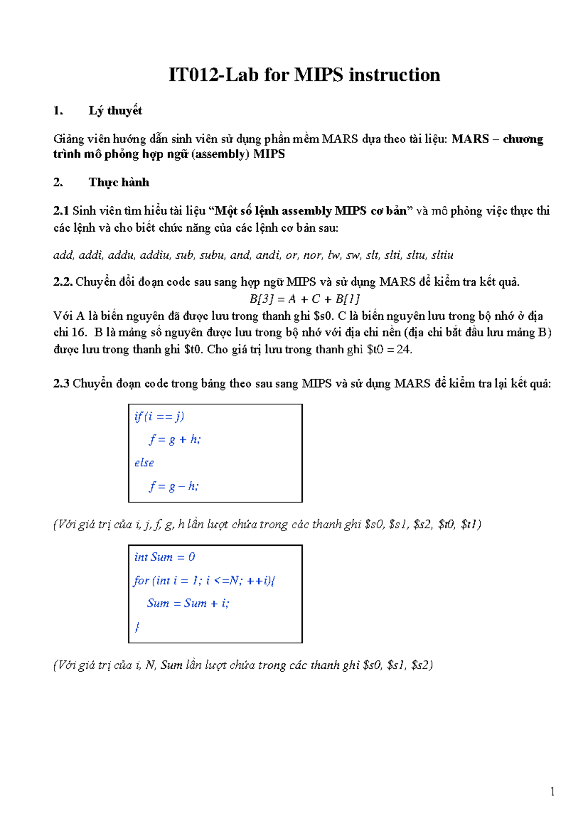 IT012-Lab-MIPS Instruction - 1 IT012-Lab for MIPS instruction Lý thuyết Giảng viên hướng dẫn ...