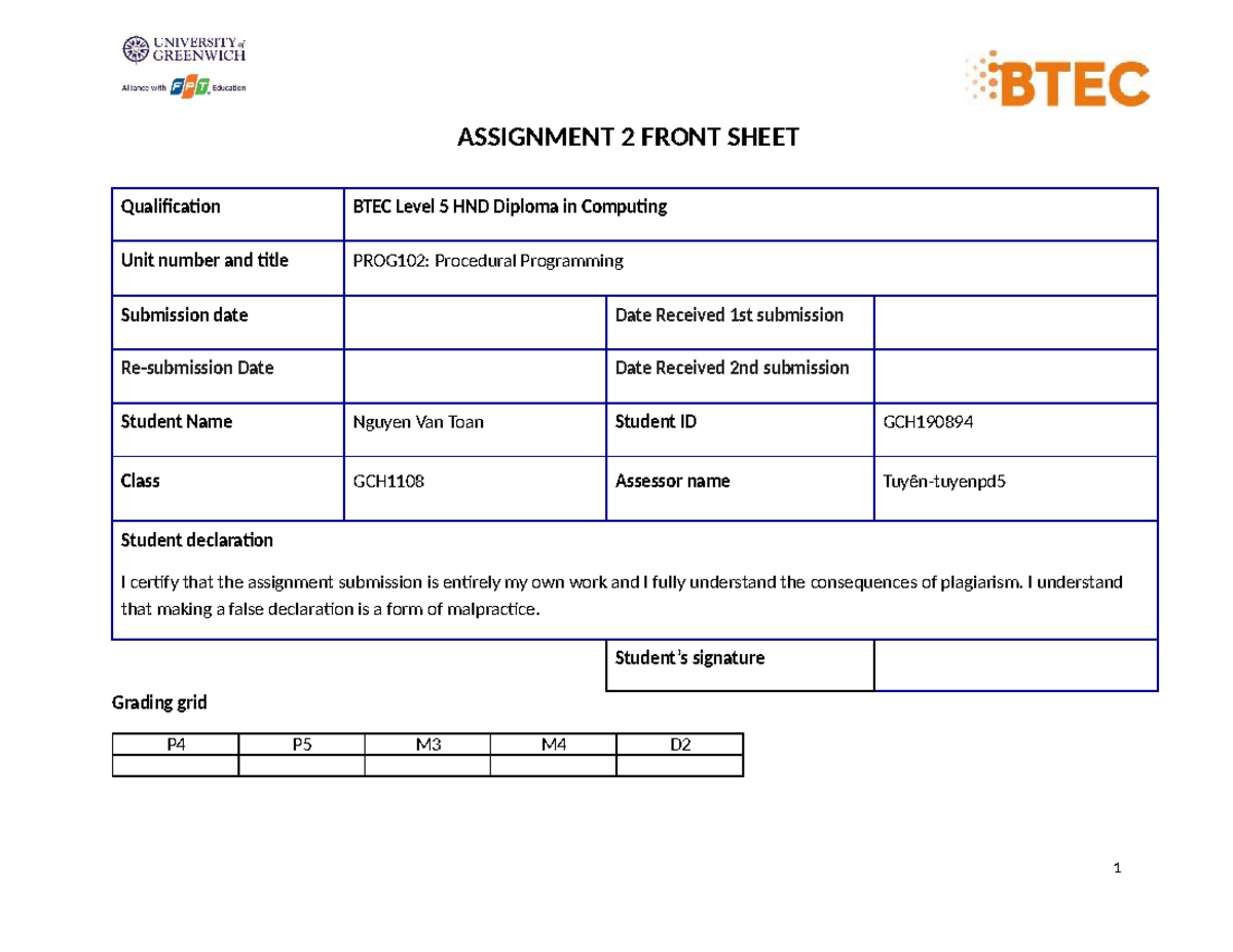 ASM2(Nguyen Phu Trong) - ASSIGNMENT 2 FRONT SHEET Qualification BTEC Level 5 HND Diploma in ...