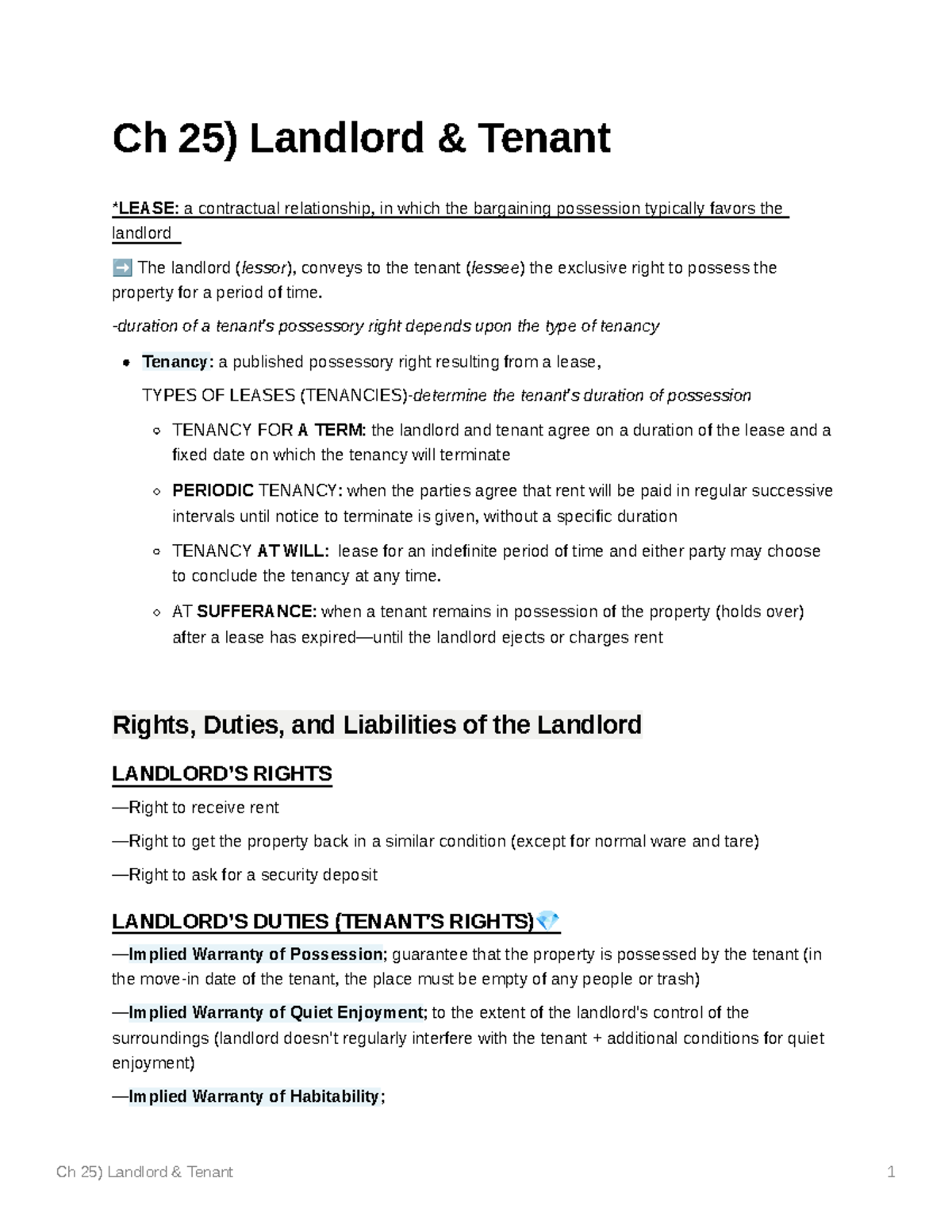 Class and Book Notes - chapter 25 (Landlord and Tenant) - Ch 25 ...