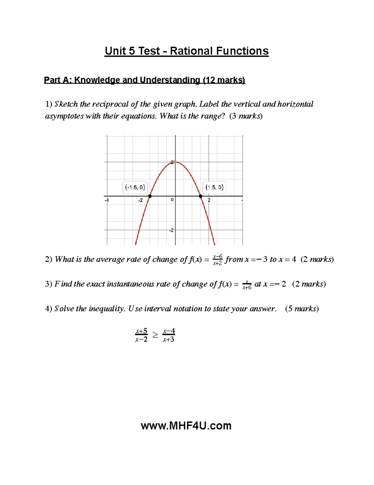 Test 2 Questions - dfwefgefefefef - Unit 5 Test Rational Functions Part ...