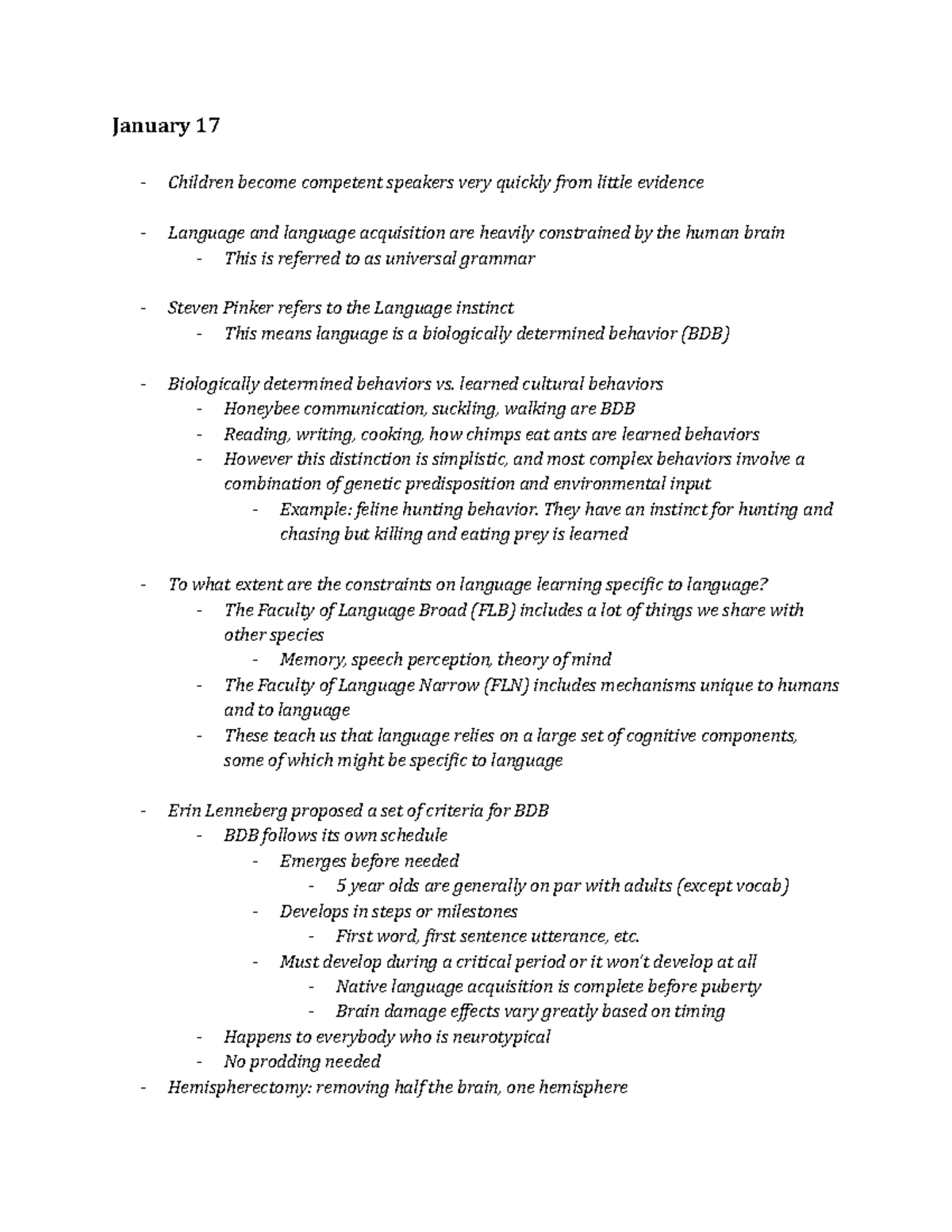 Class 2 Notes - Language acquisition - January 17 Children become ...