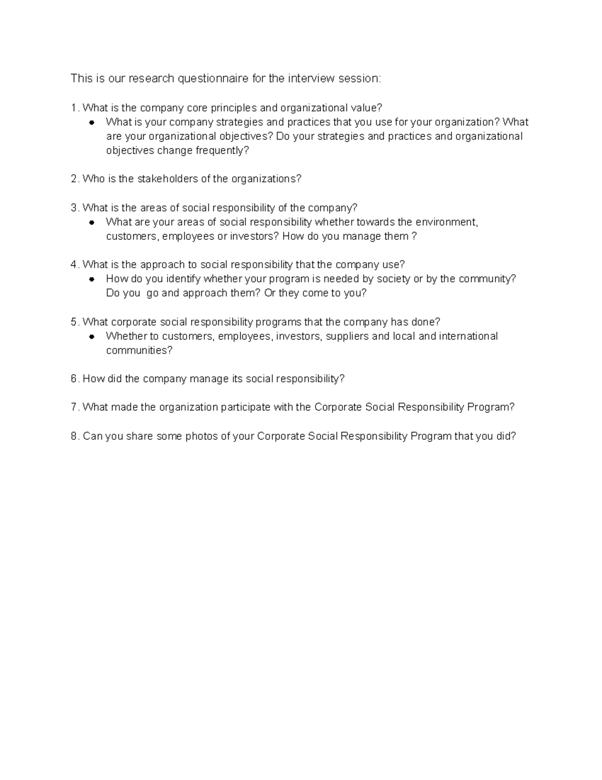 Questions for Interview - This is our research questionnaire for the ...