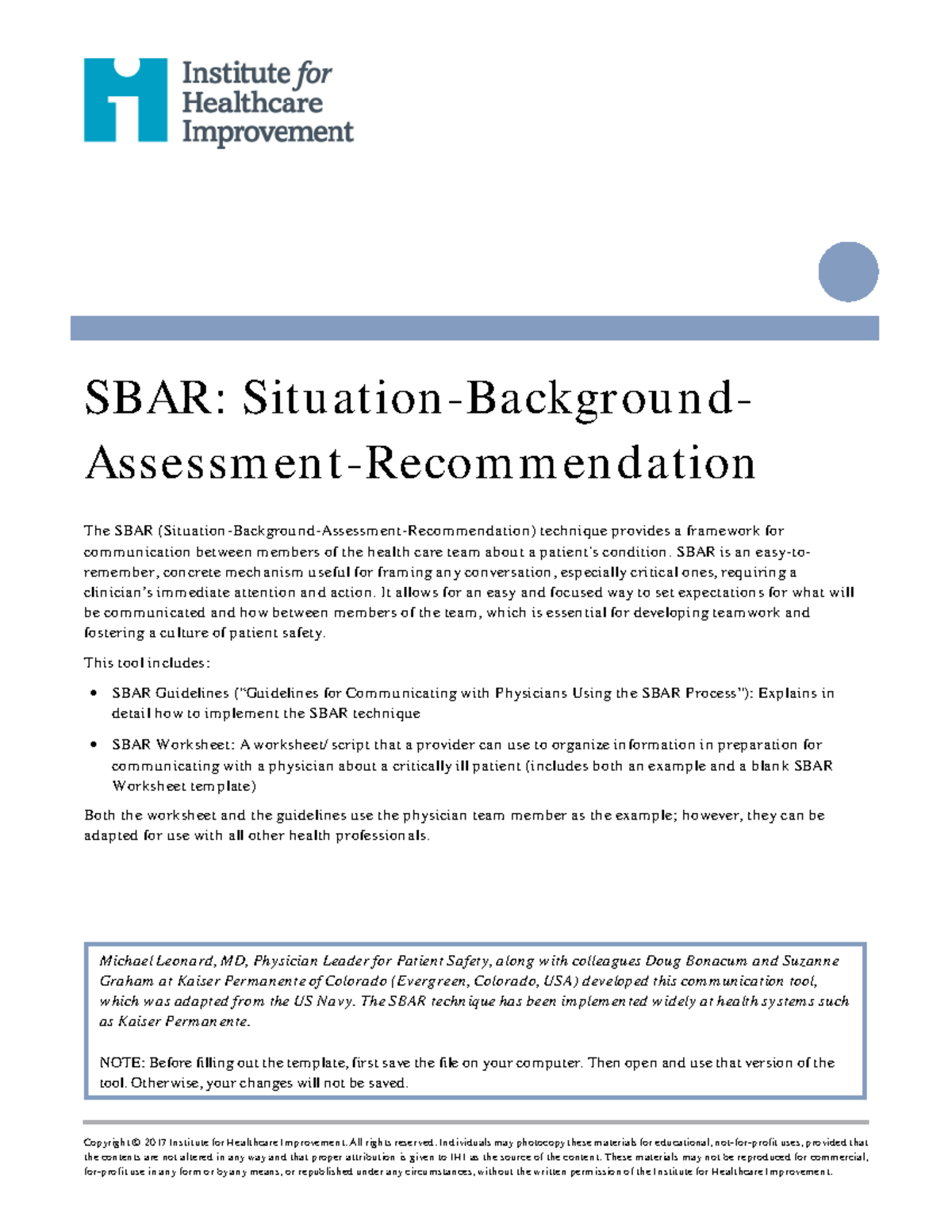 SBAR Tool - IHI - Don - SBAR: Situ ation -Backgr ou n d - Assessm en t ...