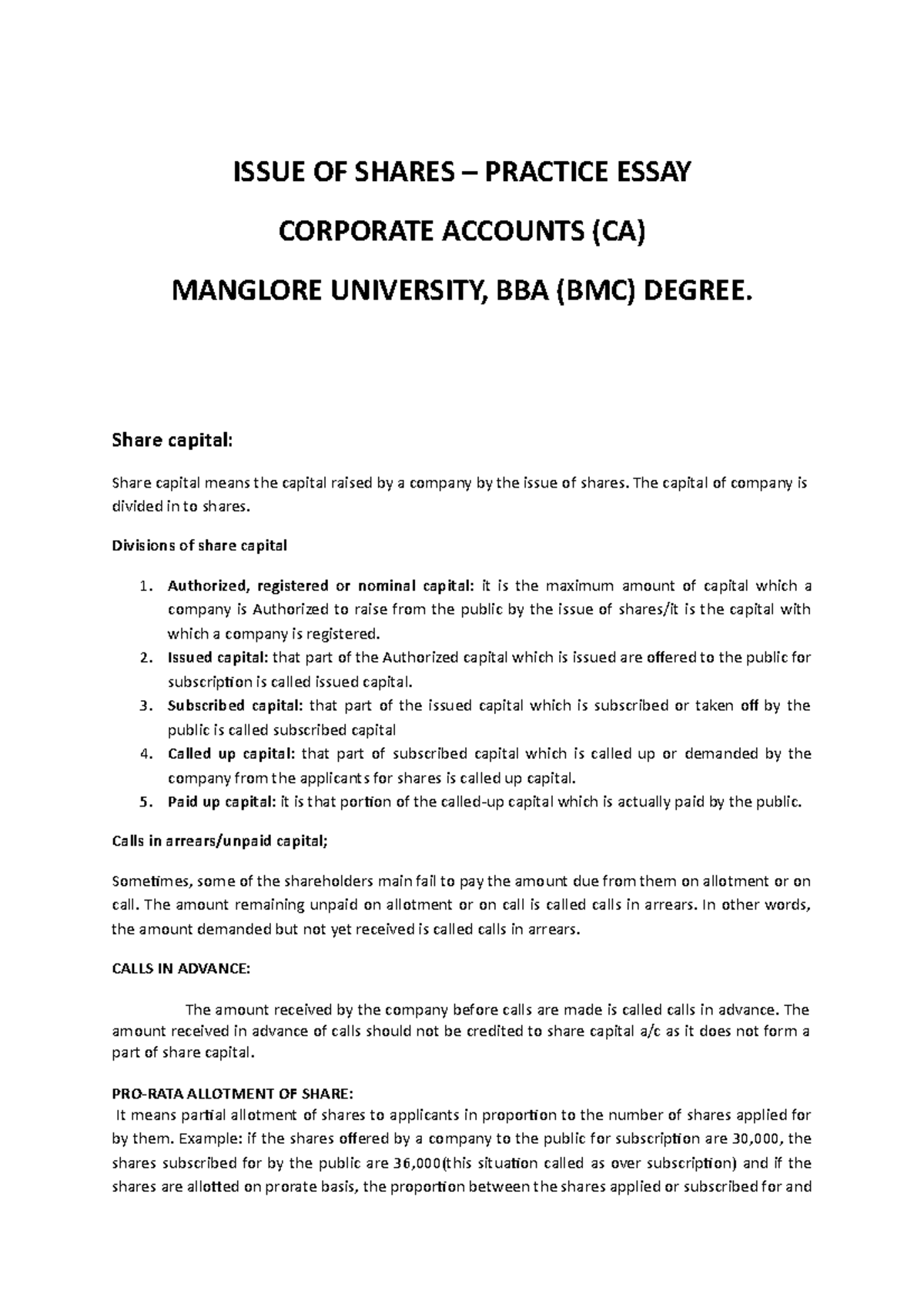 Issue of shares (CA) - ISSUE OF SHARES – PRACTICE ESSAY CORPORATE ...