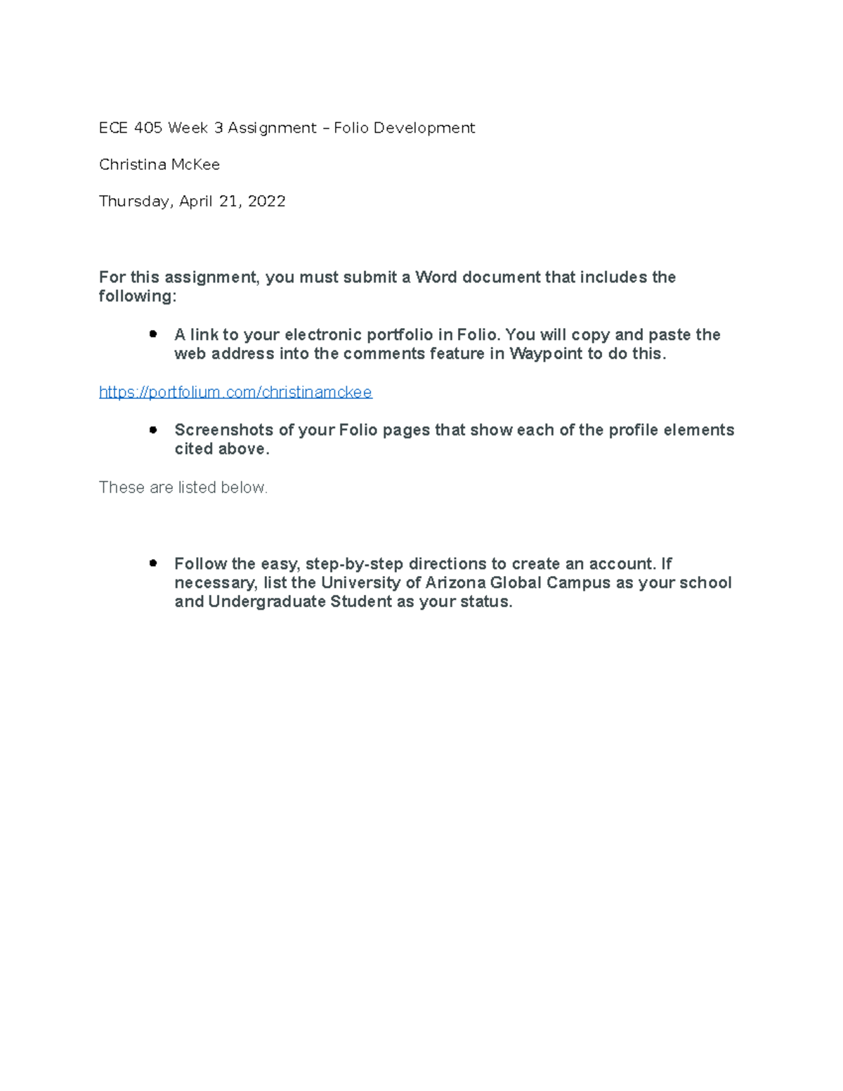 ECE 405 Week 3 Assignment- Folio Development - GEN 499 - UAGC - Studocu