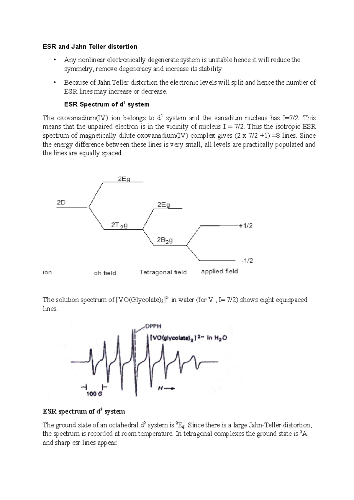 ESR and Jahn Teller distortion - ESR Spectrum of d 1 system The ...