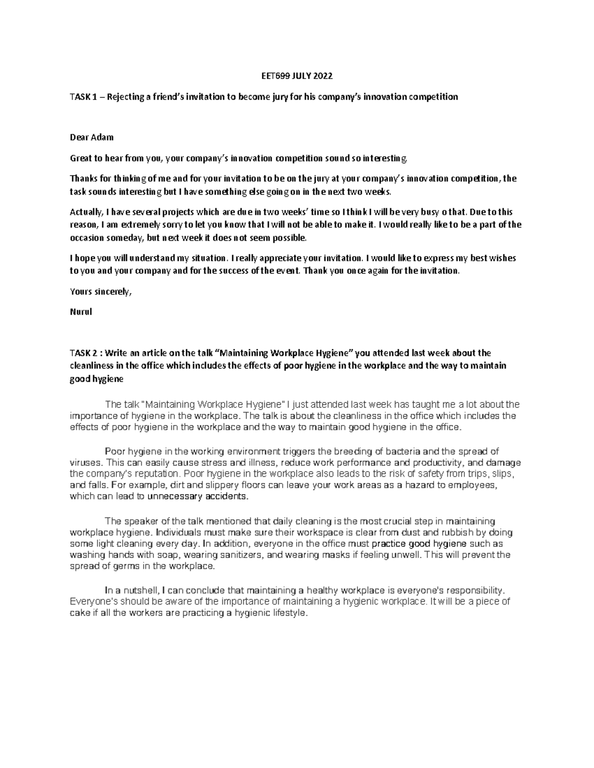 TEST EET699 JULY 2022 - EET699 JULY 2022 TASK 1 – Rejecting a friend’s ...