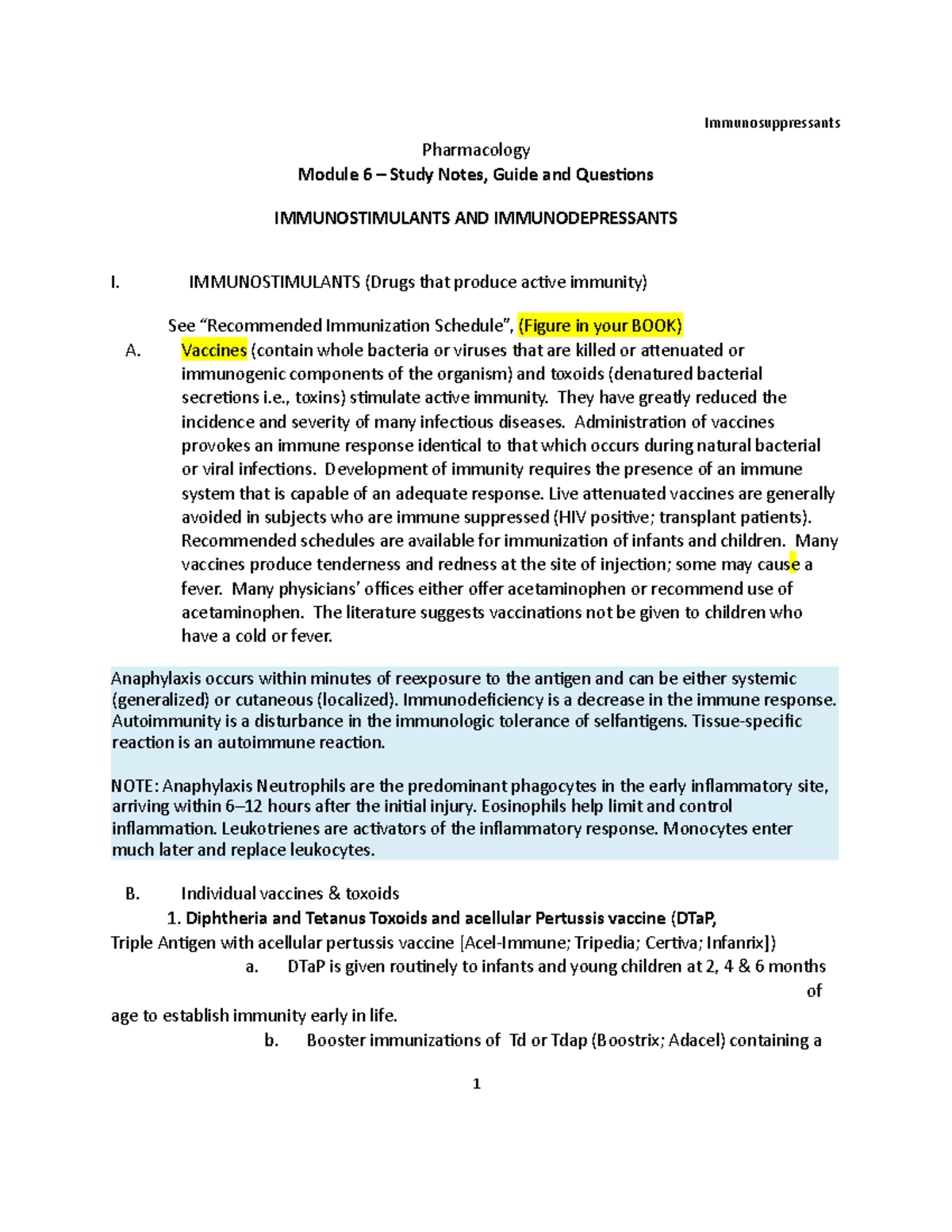 Module 6 Immunity Study Notes Guide and questions - Pharmacology Module ...