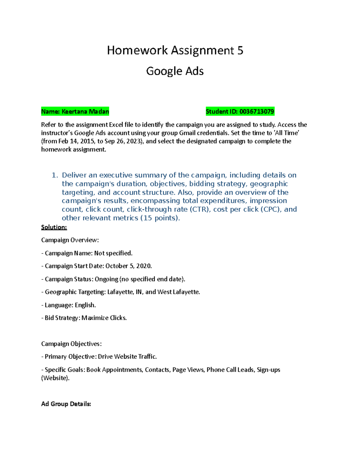 Google Ads HW5 DMA - digital marketing strategy - Homework Assignment 5 ...