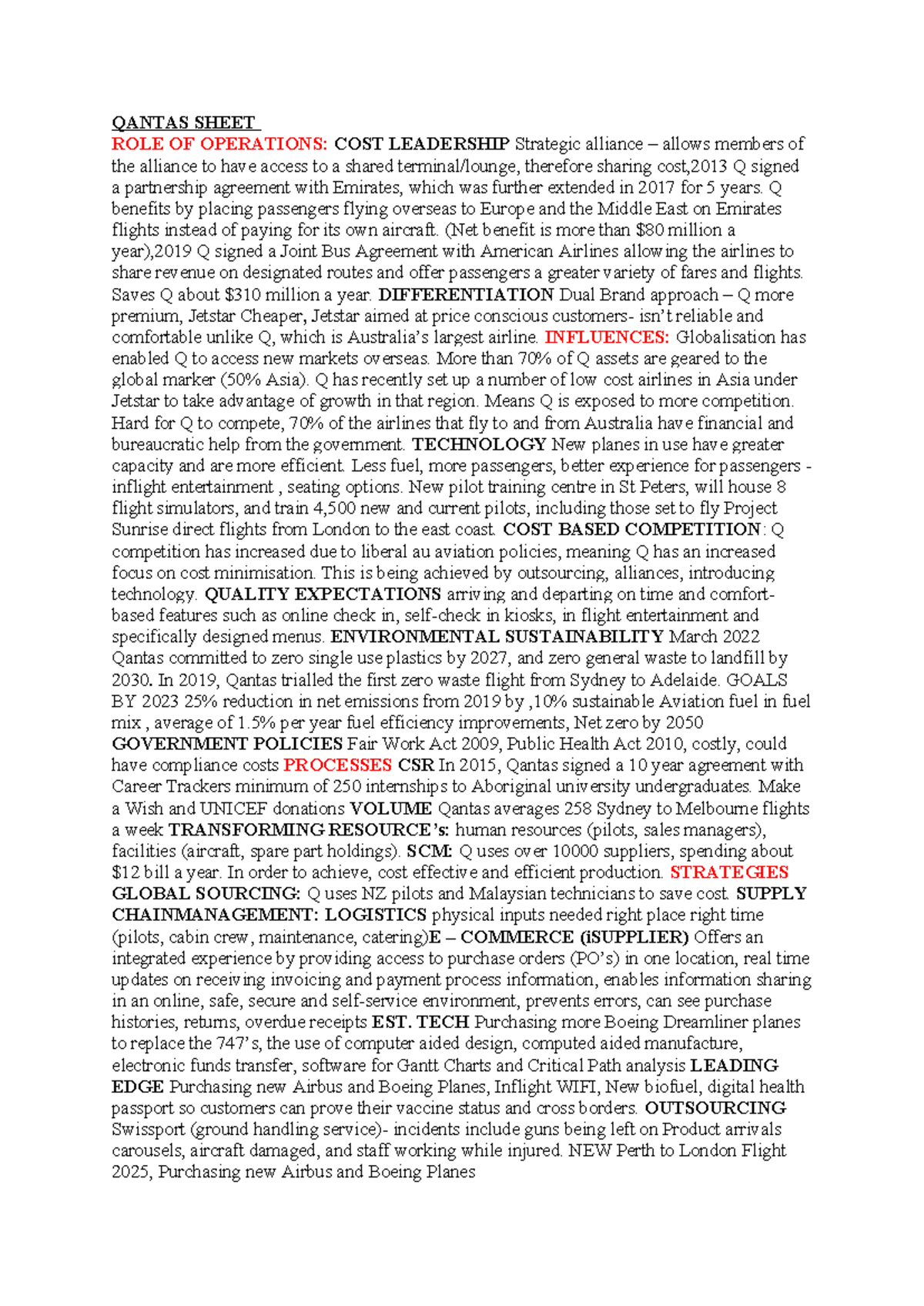 Qantas Sheet Summary - QANTAS SHEET ROLE OF OPERATIONS: COST LEADERSHIP ...