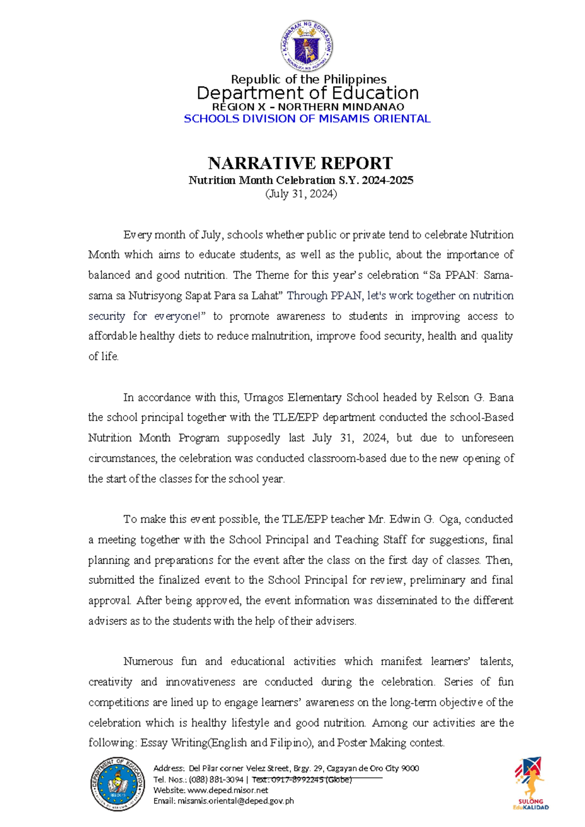 Edwin Nutrition Month Narrative Report - Department of Education REGION ...