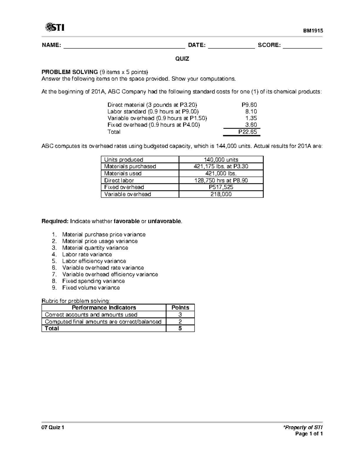 07 Quiz 1 - ACCOUNTING - BM 07 Quiz 1 *Property of STI Page 1 of 1 NAME ...