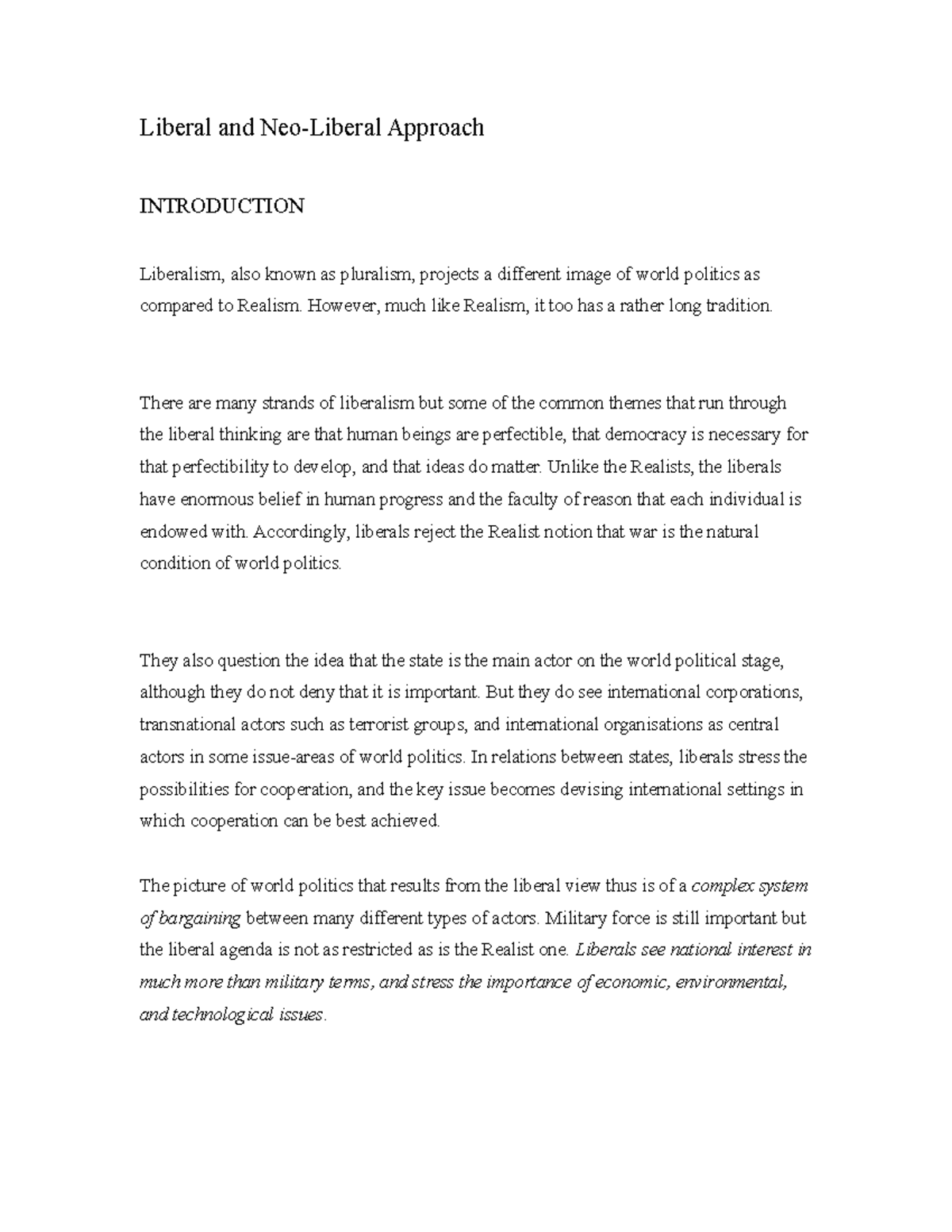 Liberal and Neo-Liberal Approach - Liberal and Neo-Liberal Approach ...