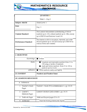 MATH1 Q1 WEEK1 DAY1 - FOR REFERENCES - PACKAGE P QUARTER II Week 1 ...