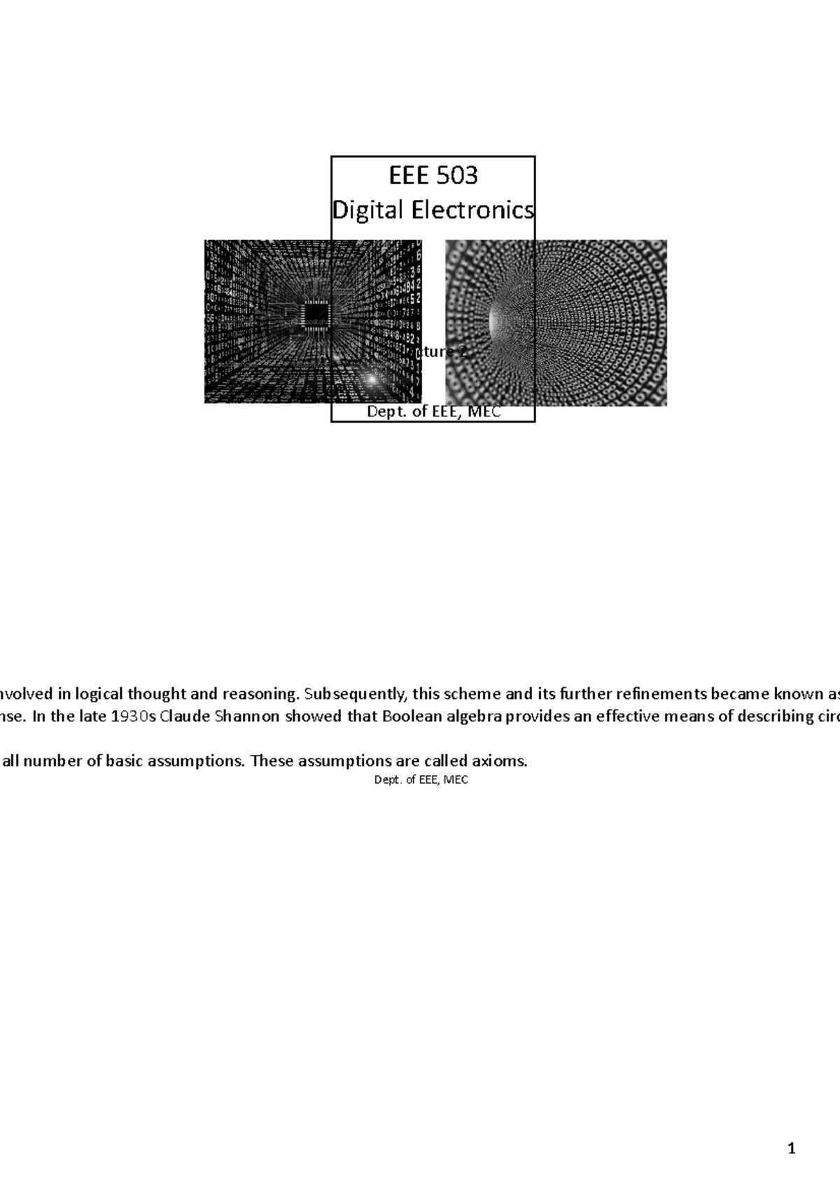 EEE 503 Lecture 2 - 1 EEE 503 Digital Electronics Lecture 2 Dept. of ...