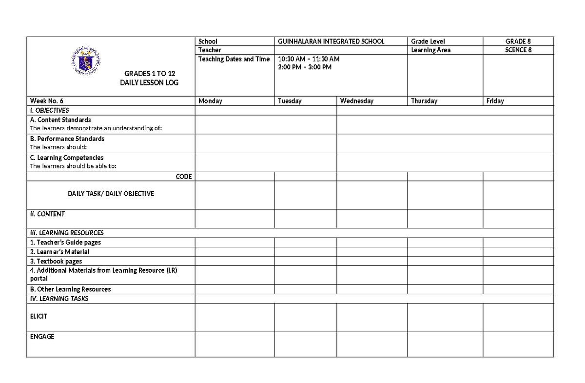DLL - abcd - GRADES 1 TO 12 DAILY LESSON LOG School GUINHALARAN ...
